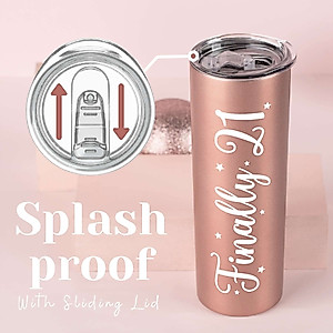 Onebttl 21st Birthday Gifts for Women, Girl, Her - Finally 21-20oz/590ml Stainless Steel Insulated Tumbler with Straw, Lid, Message Card - (Rose Gold)