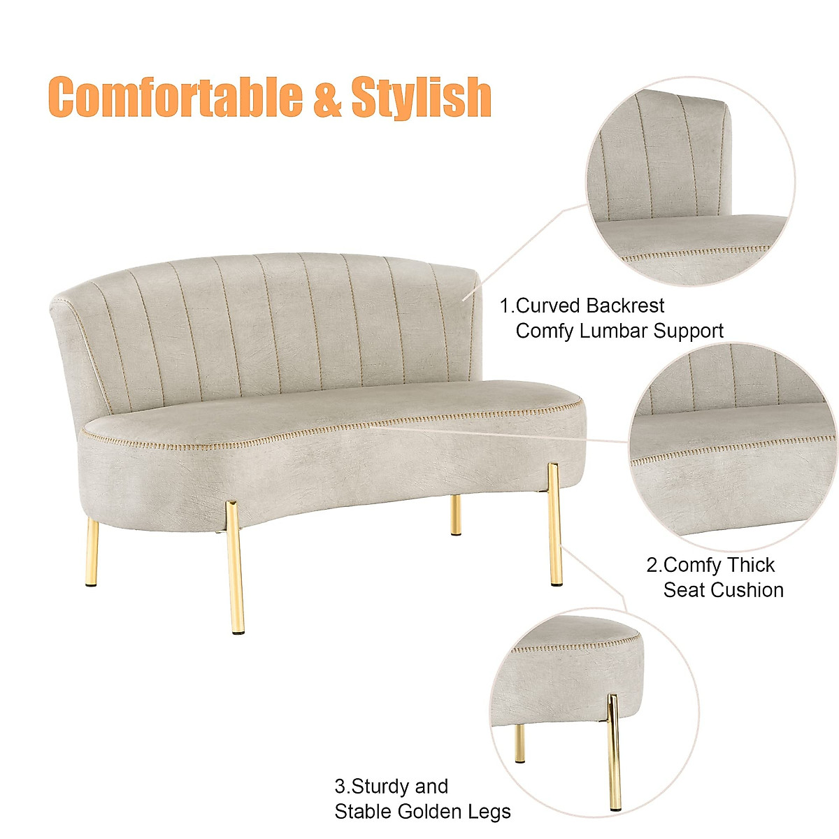 annjoe Loveseat Settee Upholstered Sofa Couch Banquette Bench Ottoman with Backrest and Golden Metal Legs for Dining Room Living Room Bedroom Funiture
