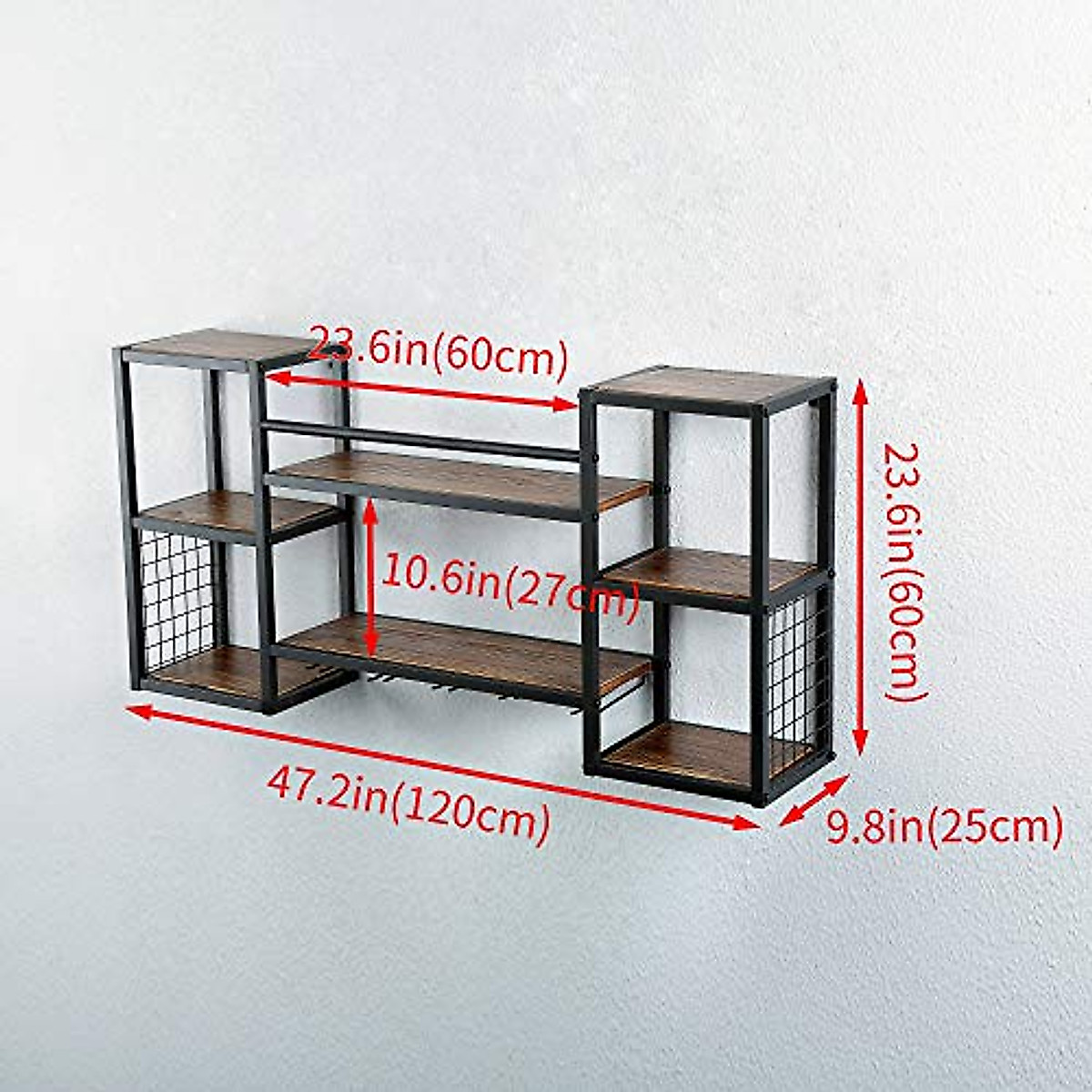 Industrial Hanging Wine Rack Wall Mounted with 5 Stem Glass Holder,47.2in Rustic Wine Glass Rack Wall Mount,Wine Bottle Holder Wall Shelf Wood Shelves,Wine Glass Shelf Metal Floating Bar Shelves