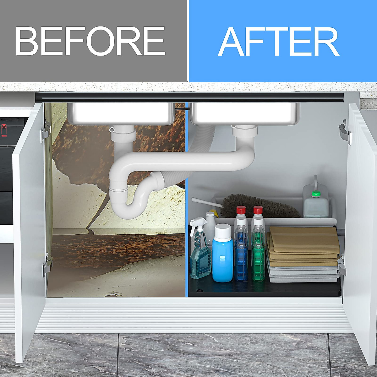 HolaDream Under Sink Mat 34”x22” Kitchen Waterproof Silicone Cabinet Mat Liner Drip Tray with Drain Hole Design for Bathroom and Laundry, Black