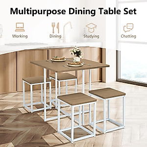 COSTWAY 5 Piece Dining Table Set, Counter Kitchen Table and Chair Set for 4 Includes 1 Square Table and 4 Stools, Space-Saving Pub Dining Set for Living Room, Breakfast Nook, Coffee Shop (Natural)