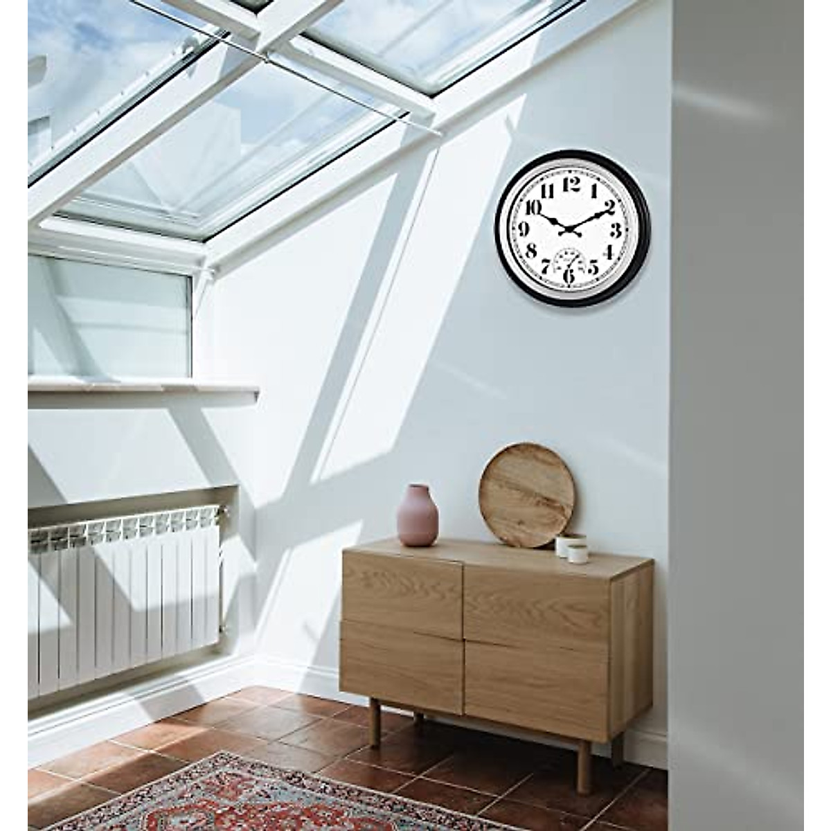 45Min 12 Inch Indoor/Outdoor Retro Round Waterproof Wall Clock with Thermometer, Silent Non Ticking Battery Operated Quality Quartz Wall Clock Home/Patio Decor(Silver F)