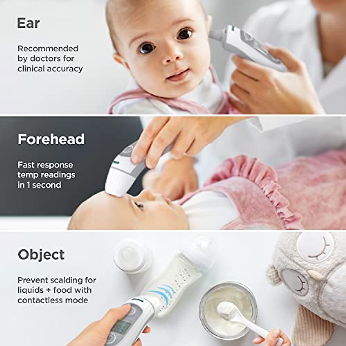 BLACK+DECKER 3-in-1 Infrared Thermometer for Kids and Adults with Fever Alarm, Forehead/Ear/Object Modes, Mute Function for Sleeping Babies, Fast Response Time and Auto Shutdown (BDXTMB100), White
