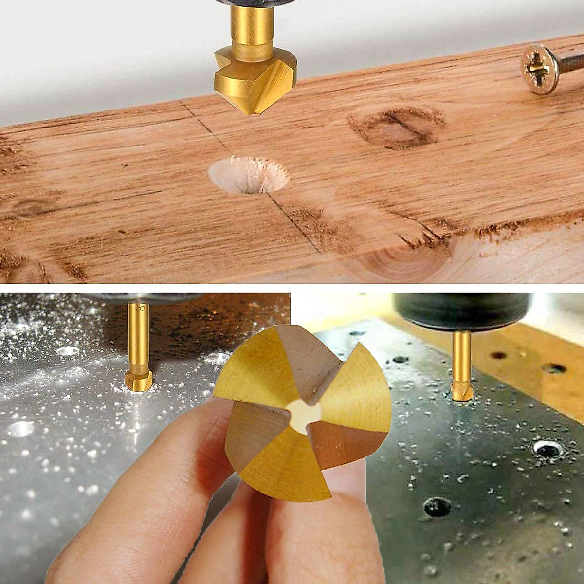 KEWAYO 3 Flute 90 Degree HSS Chamfering Tool Bit Countersink Drill Bit Set for Metal Wood Plastic Woodworking Metal Working Tool Bit Set, Pack of 6pcs
