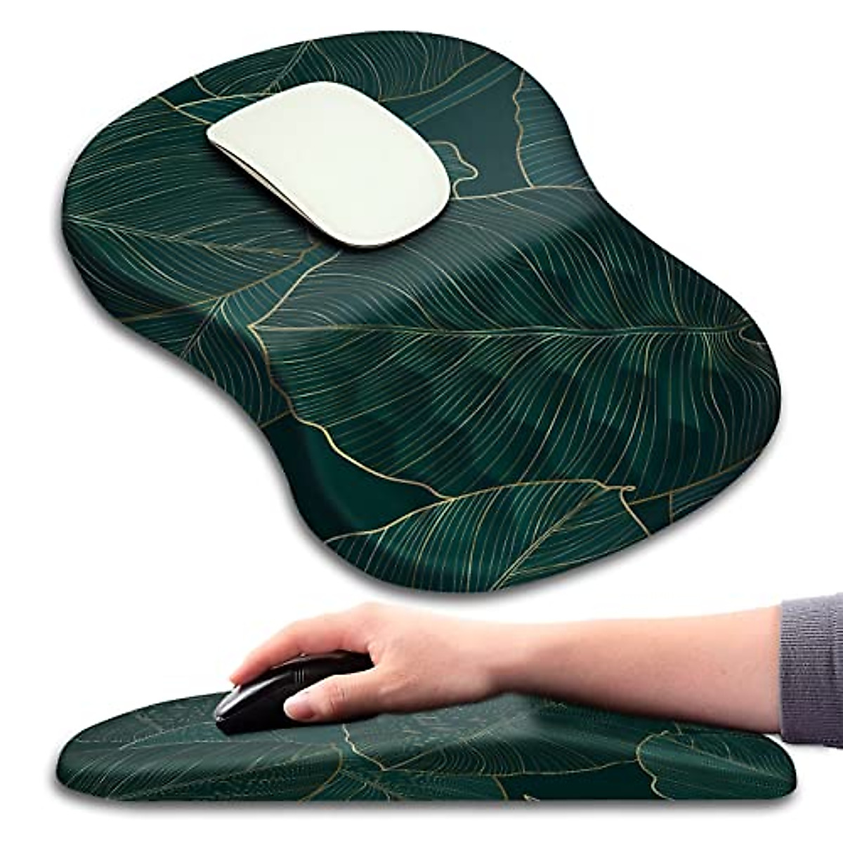 Ergonomic Mouse Pad with Wrist Rest Support,3D Massage Design Mousepad Relief Carpal Tunnel Pain, Entire Memory Foam Mouse Pad with Non-Slip PU Base, Wireless Mouse Pads,Green Leaves