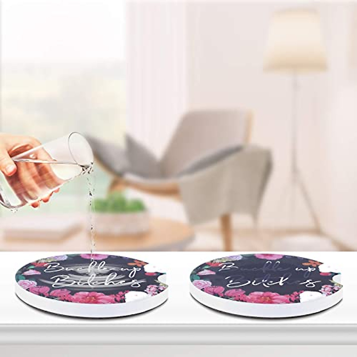 2PCS Car Coasters for Cup Holders - Perfect Absorbent Car Coasters Car Accessories 2.56" Ceramic Coasters with Cork Back and Finger Slot,Car Cup Holders Coasters to Keep it Clean and Dry