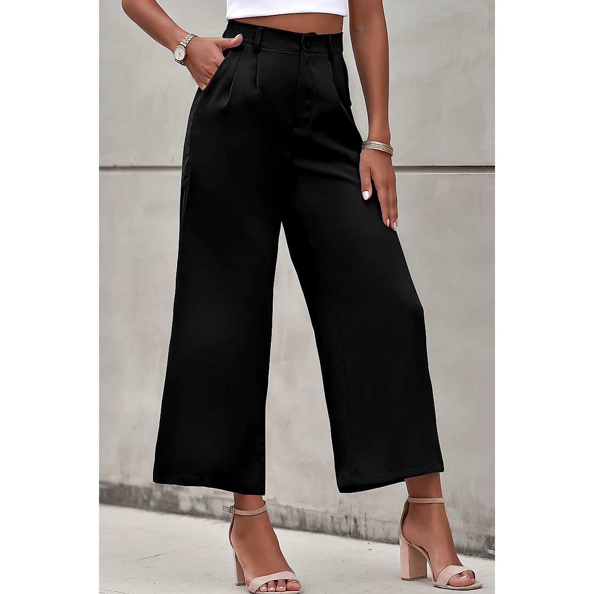 PRETTYGARDEN Women's Casual Summer Work Pants High Waisted Palazzo Pant Flowy Wide Leg Trousers with Pockets (Black,Medium)