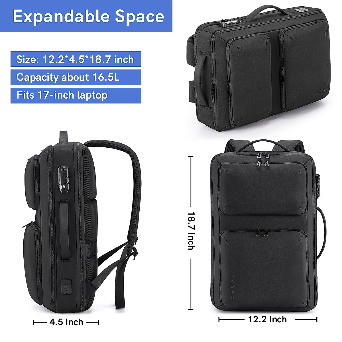 VGOAL 3 in 1 Laptop Backpack, 17.3 Inch Computer Bag Travel Casual Daypack Hiking Backpacks Lightweight Waterproof Backpack with USB Port for Men and Women (BLACK)