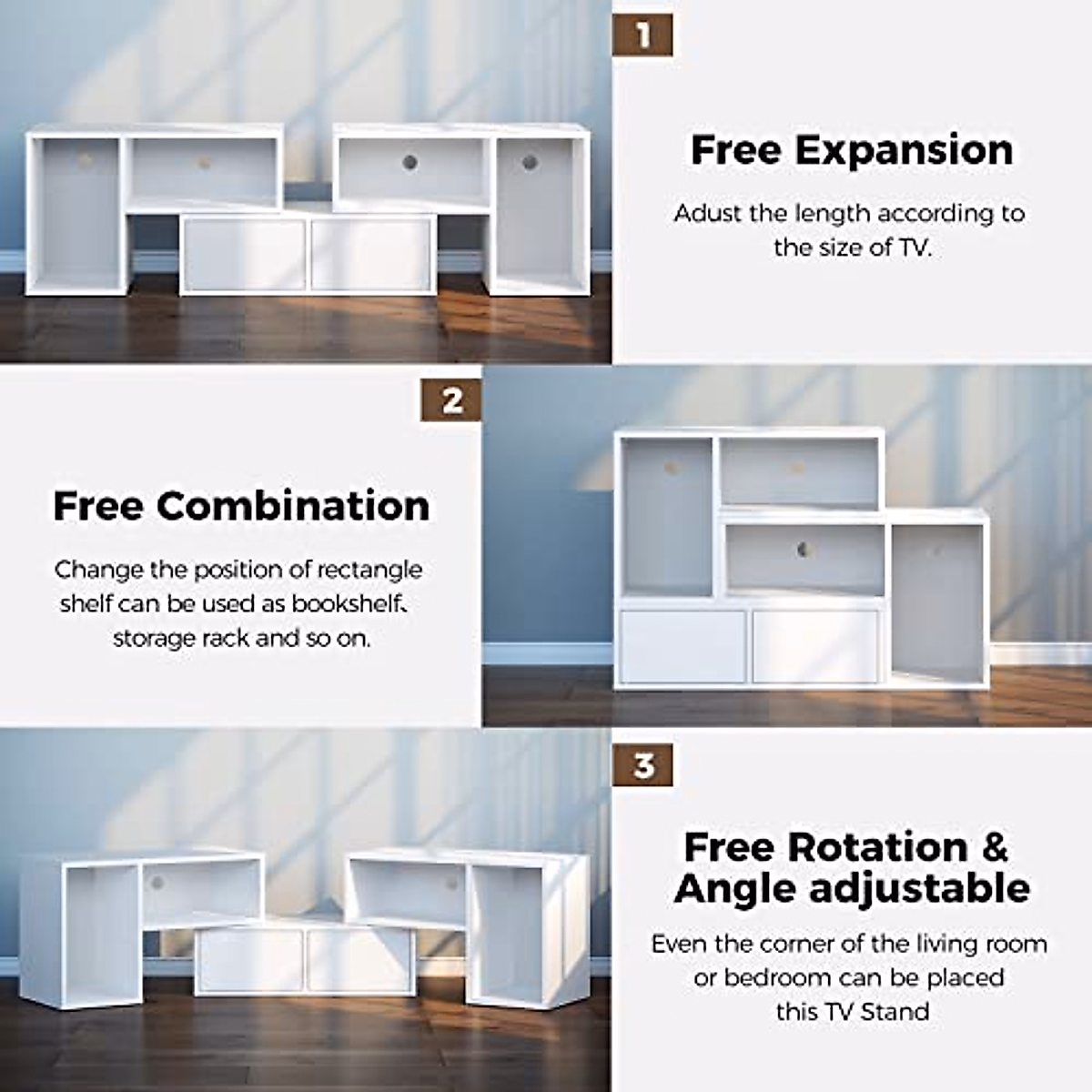 Rolanstar TV Stand, Deformable TV Stand with Power Outlets & LED Strip, Modern Entertainment Center for 45/50/55/60/65/70 inch TVs, 3 Pieces TV Stand with Open Storage and 2 Storage Cabinet, White