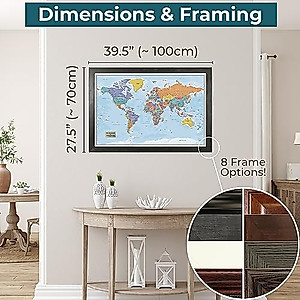 Personalized Push Pin World Travel Map with Rustic Black Frame and Pins - Blue Oceans - 27.5 inches x 39.5 inches