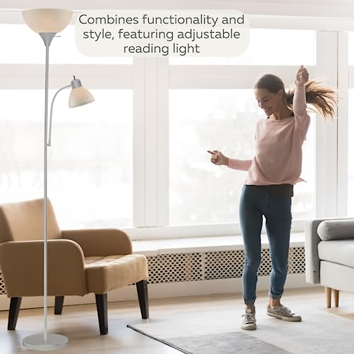 Adjustable Silver Floor Lamp with Reading Light By Light Accents - Susan Modern Standing Lamp For Living Room/Office Lamp 72" Tall - 150-watt With Side Reading Light Corner Lamp (Silver)