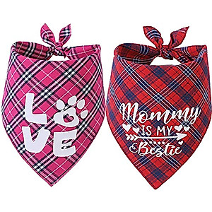 Valentines Day Dog Bandana - Set of 2 Reversible Triangle Bibs Plaid Pet Kerchief Scarf