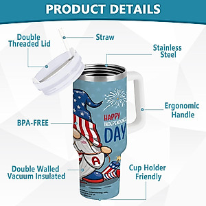 Exnundod 40 oz Tumbler with Handle Patriotic Gnome with Fireworks Insulated Stainless Steel Cup with Lid and Straw 4th July Travel Cup Leak-proof Fits in Car Cup Holder for Iced & Hot