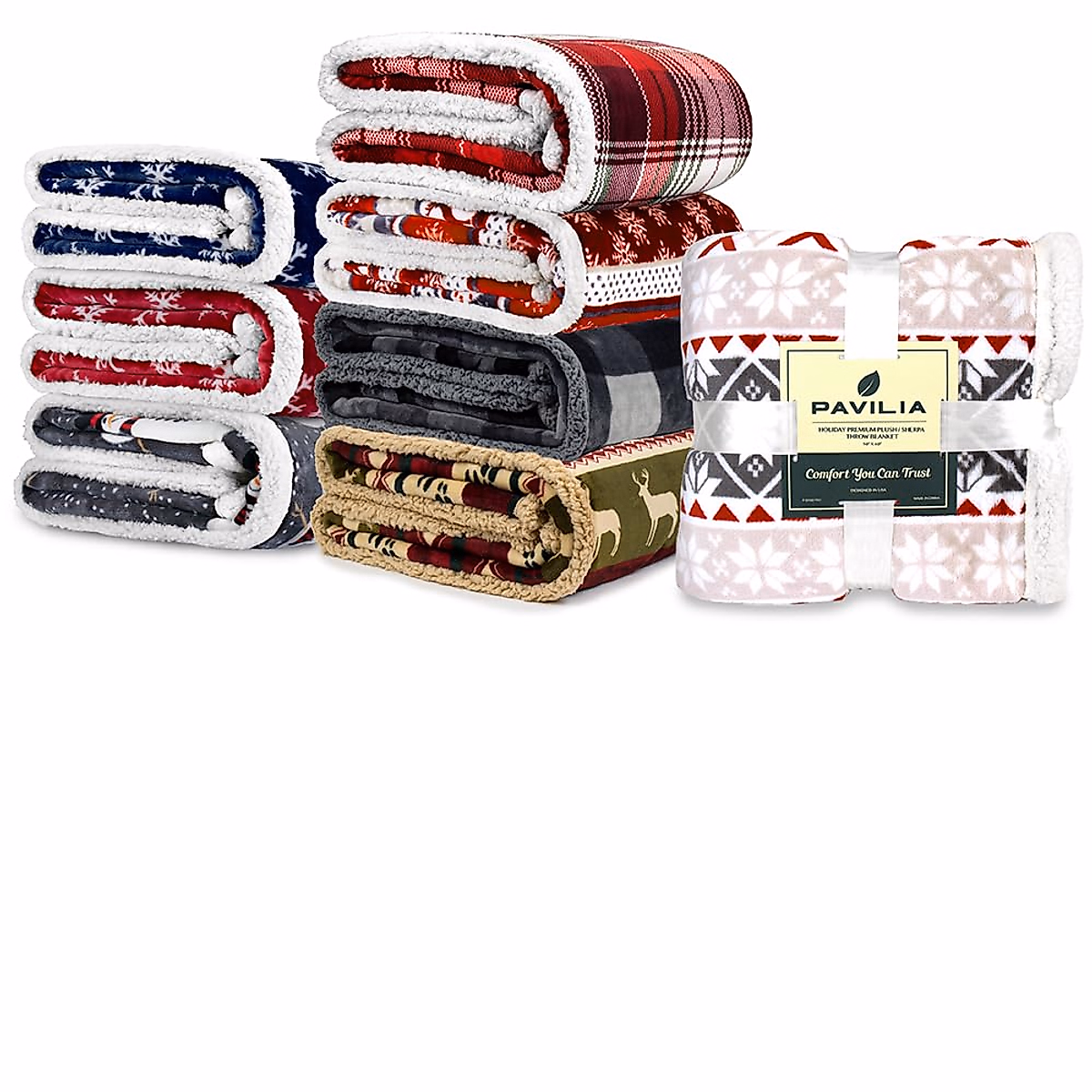 PAVILIA Premium Christmas Sherpa Throw Blanket | Christmas Decoration Reindeers, Fleece, Plush, Warm, Cozy Reversible Microfiber Holiday Blanket 50 x 60