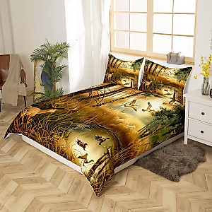 Feelyou Cute Deer Bedding Set King Size Deer Hunting Bedding Duvet Cover Set Antlers Mallard Duck Wild Animal Wild Duck Hunting Fall Tree Lake Comforter Cover Set Yellow Bedspread Cover(No Comforter)