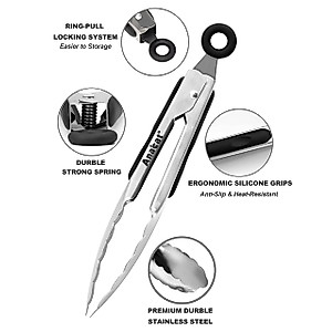 Anaeat Premium Kitchen Locking Tong Set of 3 - Heavy Duty Stainless Steel Food Tongs with Long Handle & Non-Slip Silicone Grip for Cooking, Baking, Grilling - Heat Resistant up to 480°F