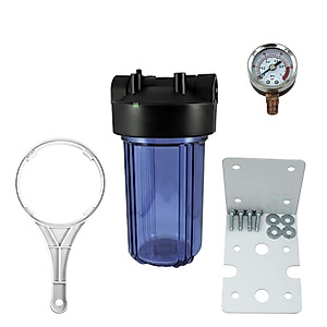 1 Pack 10" BB Clear Whole House Water System Filter Housing 1" NPT Brass Ports w/Pressure Release, Pressure Gauge, Wrench and Bracket