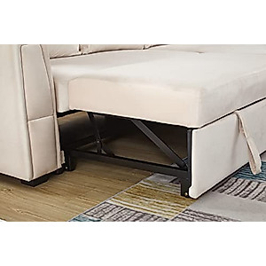 Legend Vansen 91" Wide Reversible Sofabed Sectional Sofas with Chaise，Velvet Storage L-Shape Twin Size for Living Room Couch Sleeper, Cream