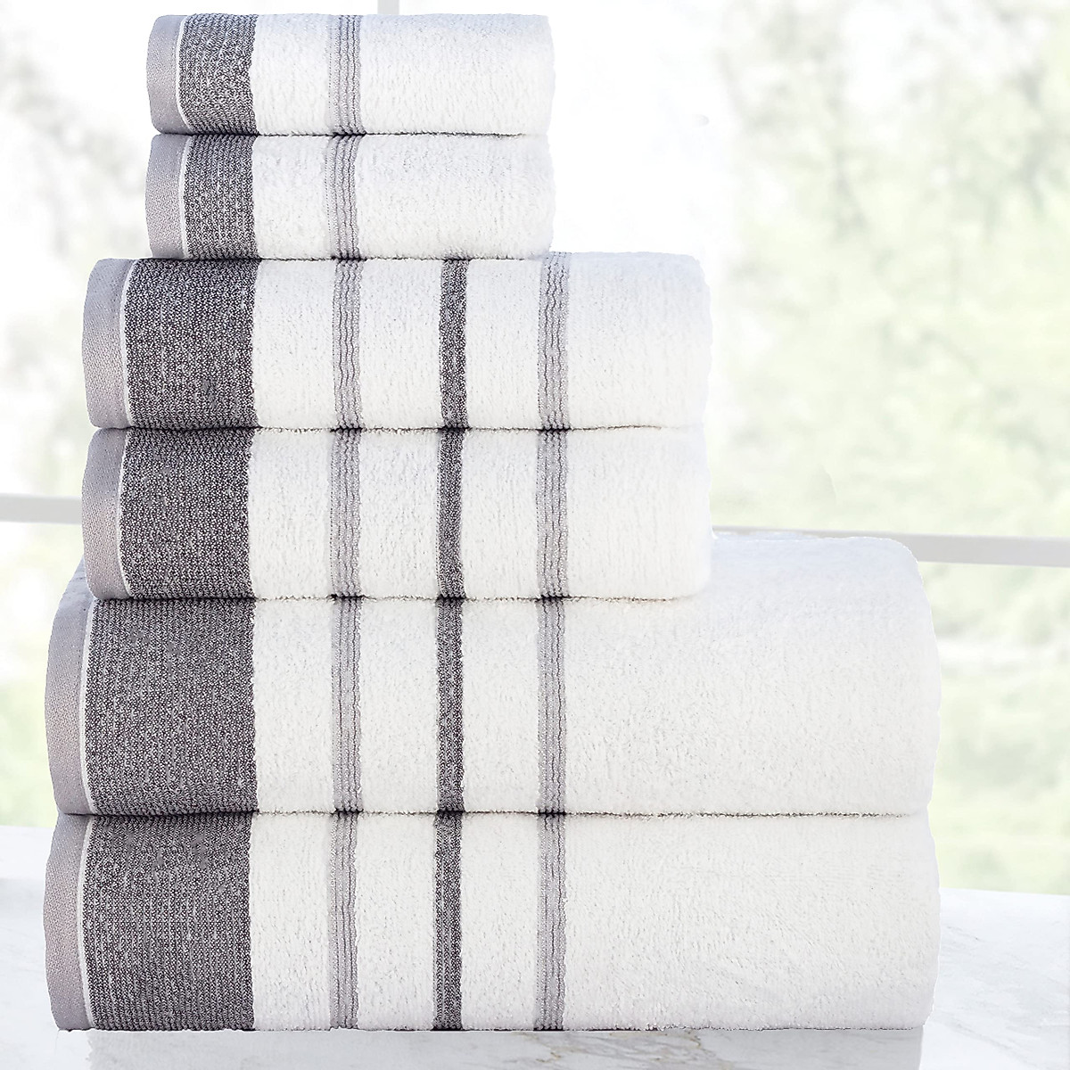 CASA COPENHAGEN White Bay, 6 Pieces Towel Set- White with Dark Grey and Grey Violet Border, 600 GSM, 2Bath, 2Hand, 2Washcloths Egyptian Cotton Towel for Hotel Spa Kitchen Bathroom Kitchen & Shower