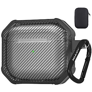 Maxjoy for Airpods 3 Case Cover, Airpods 3 Protective Case Gen 3 Translucent Carbon Fiber Hard Shell Rugged Shockproof Cover with Keychain Compatible with Apple Airpods 3rd Generation 2021, Black