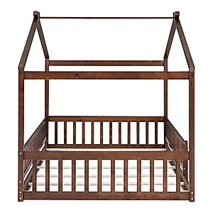BestLM Full Size Wooden House Bed for Kids, Wood Platform Bed Frame with Fence, Roof, and Safety Guardrail for Kids, Teens, Girls, Boys, Walnut
