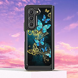 NKase for Samsung Galaxy Z Fold 5 Case, Samsung Z Fold 5 Case Cute Hard Slim Cover Galaxy Z Fold 5 Case Shockproof Women Girls Men Protective Case for Galaxy Z Fold 5 5G Case, Gold/Blue Butterfly