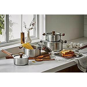 Dr.HOWS Warmwood Nonstick Pot 7 inch with Lid - Small Kitchen Stainless Steel Pot with Wooden Handles - Lightweight Pot For Induction, Ceramic, Electric, Halogen and Gas Cooktops