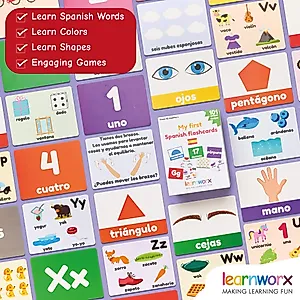 Spanish Flash Cards for Kids and Toddlers - 101 Cards - 202 Sides - Learn Shapes, Numbers, Colors, Body Parts, Counting, Letters & More - Great Value, Fun Learning and Educational Flashcards