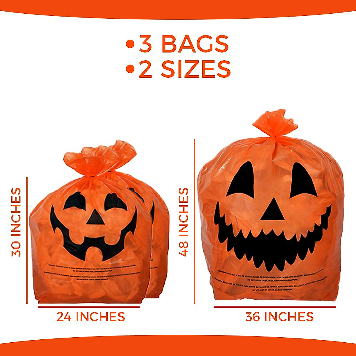 KINREX Halloween Leaf Bags Pumpkin Plastic Lawn and Leaf Bags Decoration - Outdoor Fall Trash Bag Decor - Orange Jack O Lantern - Pack of 3 with Twist Ties