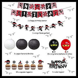 Ninja Birthday Party Decoration Red and Black Warrior Themed Party Supplies for Boys with Ninja Happy Birthday Banner Cake Topper Sticker and Paper Lanterns