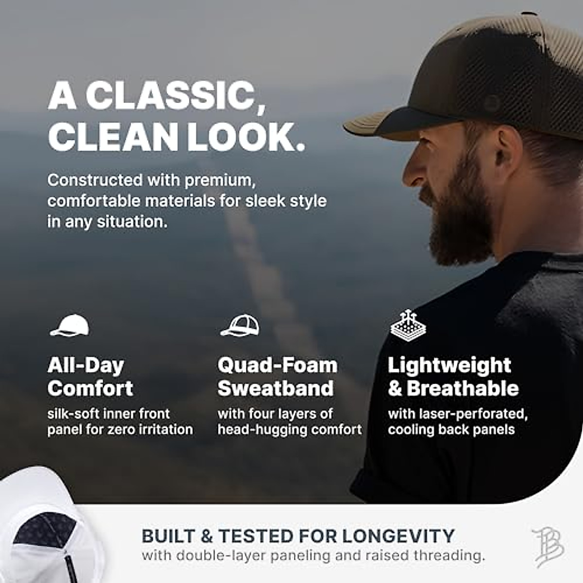 Branded Bills Bare Elite Curved Hat, White, Fits 7-7.5, with Curved Bill, Double Layer Performance Paneling, Adjustable Snapback, Silk-Soft Front Lining, Quad-Foam Band, Water-Repellent Shell