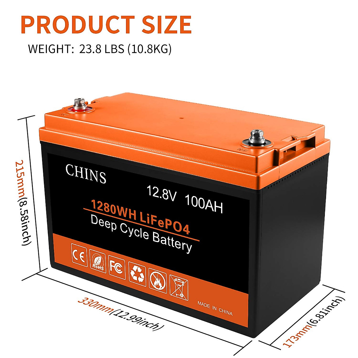 CHINS LiFePO4 Battery 12V 100AH Lithium Battery Perfect for Golf Cart, Trolling Motors, Marine, RV, Solar, Boat and Off-Grid, Built-in 100A BMS, 2000~5000 Cycles