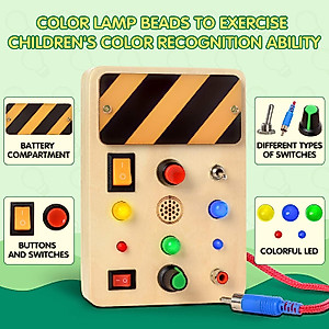 POLKRANE Toddler Montessori Travel Toys - Wooden Busy Board with LED Light,Switch Toy for Baby Sensory Play, Educational & Learning Toys for Kids (1+), Perfect Travel Toy,Gifts for 1-3 Year Old Kids