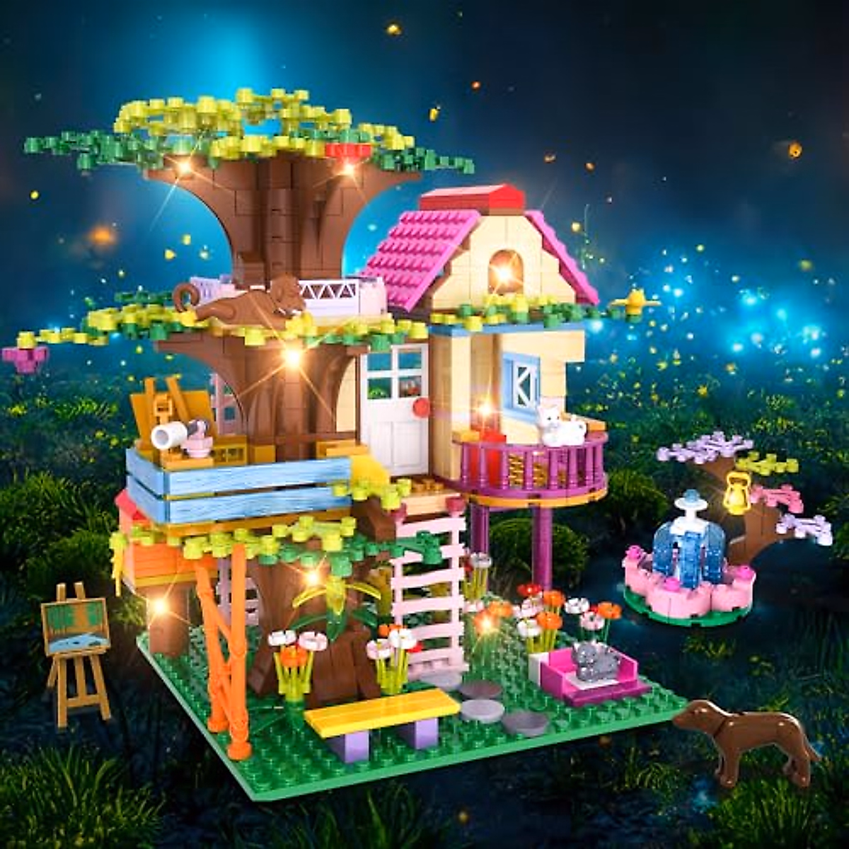 HOGOKIDS Tree House Building Toy with LED Light - 613PCS STEM Treehouse Girl Building Block Set with Fountain Animals, Birthday Gifts for Girls Boys Kids Ages 6 7 8 9 10 11 12+