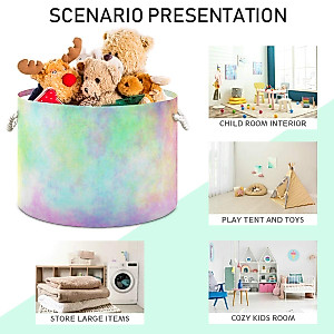 ALAZA Large Storage Basket for Toys Purple Tie Dye Rainbow Print Round Blanket Basket Laundry Hamper Canvas Organizer Bin Box Cotton Rope Collapsible Bucket Pillow Home Decor
