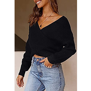 ZCSIA Women's Wrap V Neck Cropped Sweaters 2023 Fall Long Sleeve Cross Front Off Shoulder Solid Knitted Pullover Tops,Black,XLarge