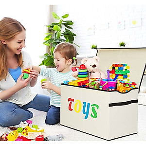 VICTORICH 100L Toy Box Chest, 2 PACK Collapsible Sturdy Storage Bins with Lids, Extra Large Kids Toy Storage Organizer Boxes Bins Baskets, Beige + Red