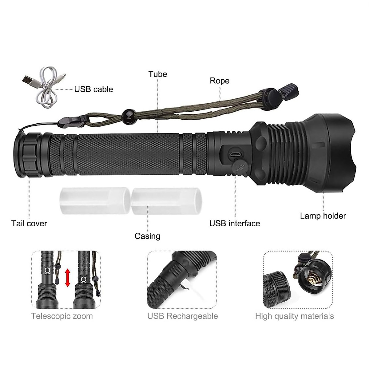 POCKETMAN Super Bright Flashlight 5000 Lumens Flashlight with 3 Light Modes for Camping Hiking and Home Emergency(Battery not Included)