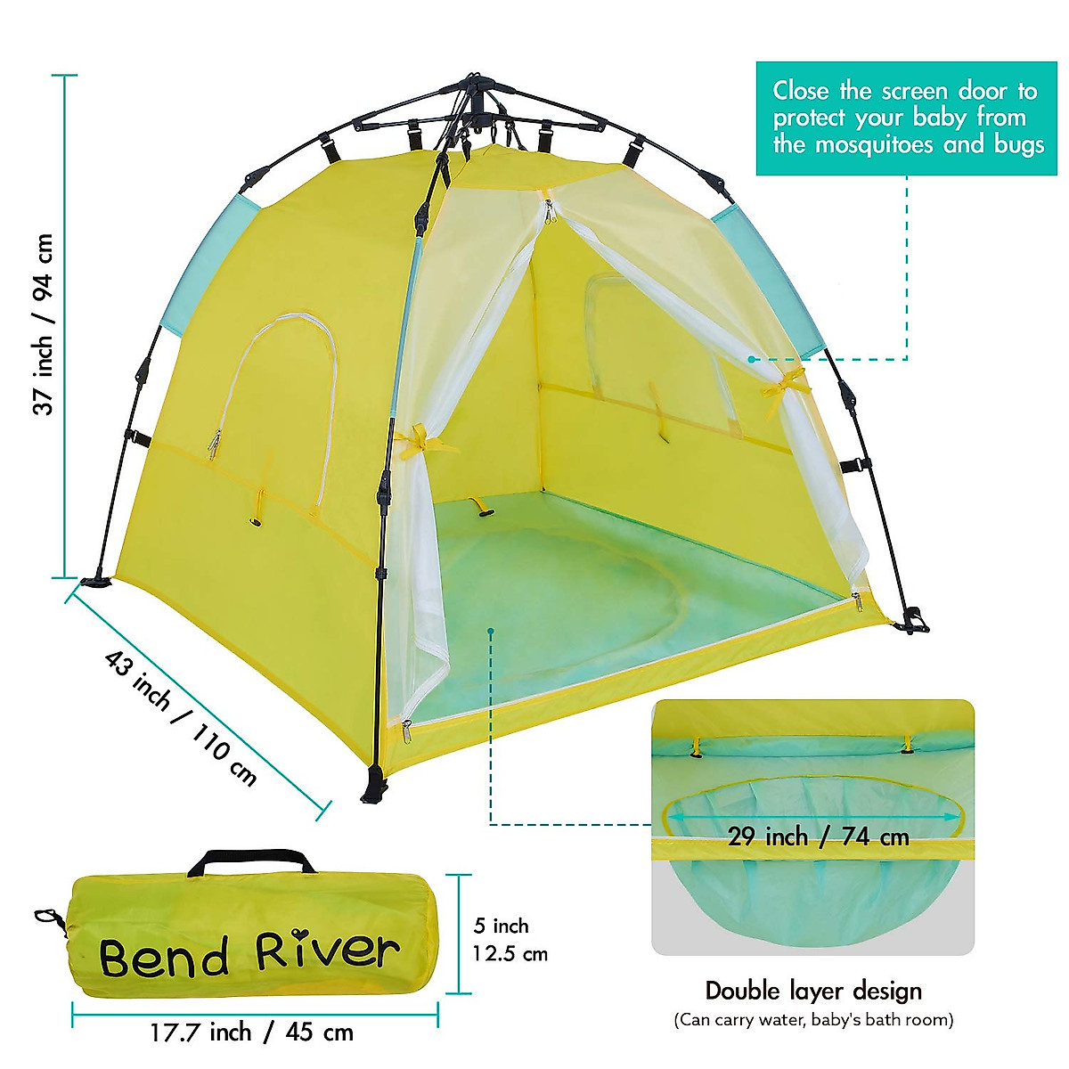 Bend River Automatic Instant Baby Tent with Pool, UPF 50+ Beach Sun Shelter, Portable Mosquito Net for Infant