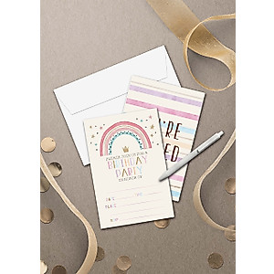 Disfuco Pink Rainbow Birthday Party Invitations - Boho Rainbow Party Supplies - Fill in The Blank Birthday Party Invites - 20 Invitation Cards With 20 Envelopes - (005A)