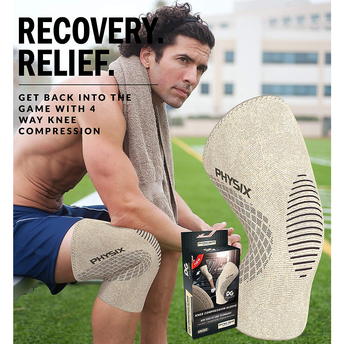 PHYSIX GEAR Knee Support Brace - Premium Recovery & Compression Sleeve for Meniscus Tear, ACL, MCL Running & Arthritis - Best Neoprene Stabilizer Wrap for Crossfit, Squats & Workouts (Single Beige L)