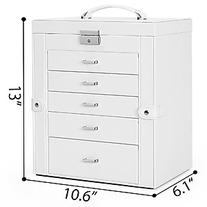 TORIBIO Jewelry Box, Jewelry Case with Small Travel Case Jewelry Storage Organizer, Large Storage Capacity, Faux Leather Jewelry Storage Case with 5 Drawers, for Girls/Women/Mother, White