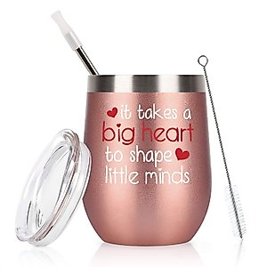GINGPROUS It Takes a Big Heart to Shape Little Minds Wine Tumbler, 12 Oz Stainless Steel Wine Tumbler Glass with Lid and Straw, Funny Birthday Thank you Teacher Appreciation Gifts for Teachers Women