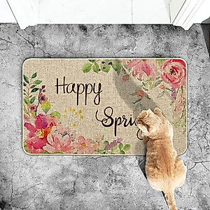 Artoid Mode Peony Flowers Happy Spring Doormat, Seasonal Home Decor Holiday Low-Profile Floor Mat Switch Mat for Indoor Outdoor 17 x 29 Inch