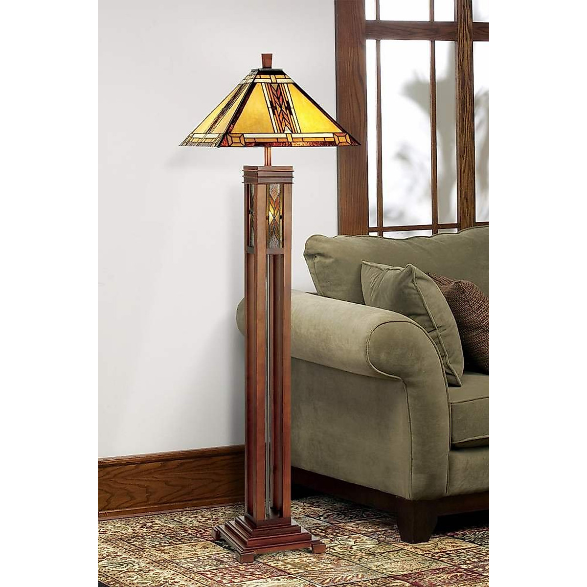 Robert Louis Tiffany Mission Rustic Tiffany Style Floor Lamp with Night Light 62.5" Tall Walnut Wood Column Square Geometric Stained Glass Shade Decor for Living Room Reading House Bedroom