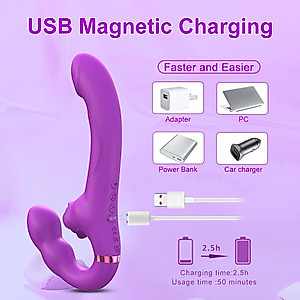 Female G-spot Vibrator, Strapless Dildo Vibrator, Triple Motorized Strap-on 25 Vibration Patterns and Remote Control, Adult Anal Sex Toys for Lesbian Couples (Purple)