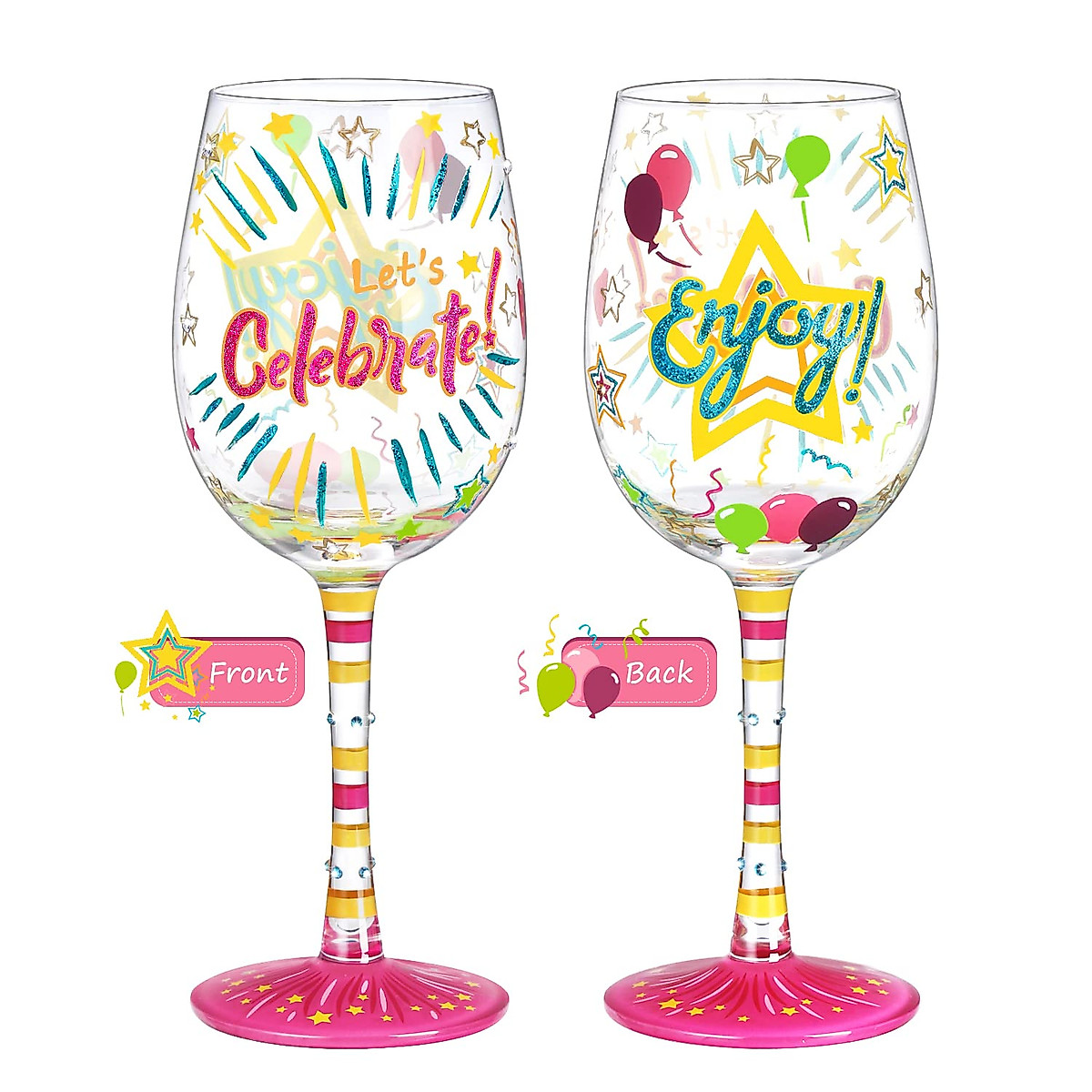 NymphFable Hand Painted Birthday Wine Glass Let‘s Celebrate Birthday Party Decorative Wine Glasses Birthday Gift for Women, 15oz