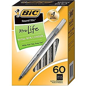 BIC Round Stic Xtra Valve Smooth Writing Ball Pen, Medium Point (1.0 mm), Black - 60 Count x 2 Pack - Total 120 Pens
