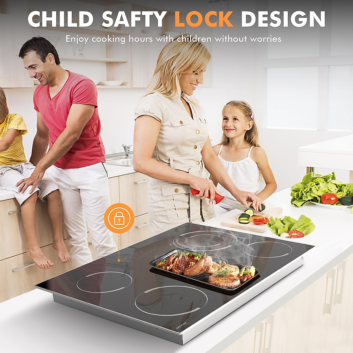 Jessier Electric Cooktop 30 Inch - 5 Burners Built-in Ceramic Cooktop, 30" Electric Stove Top with Glass Protection Metal Frame, 9 Heating Level, 8400W, 220-240V for Hard Wire(No Plug)