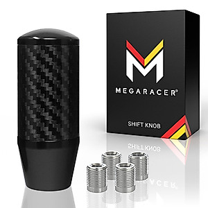 Mega Racer Black Carbon Fiber Shift Knob - Metal Threaded Adapter, Buttonless Automatic, 4 5 6 Speed Manual Transmission, JDM Car Accessories, 1 Pack